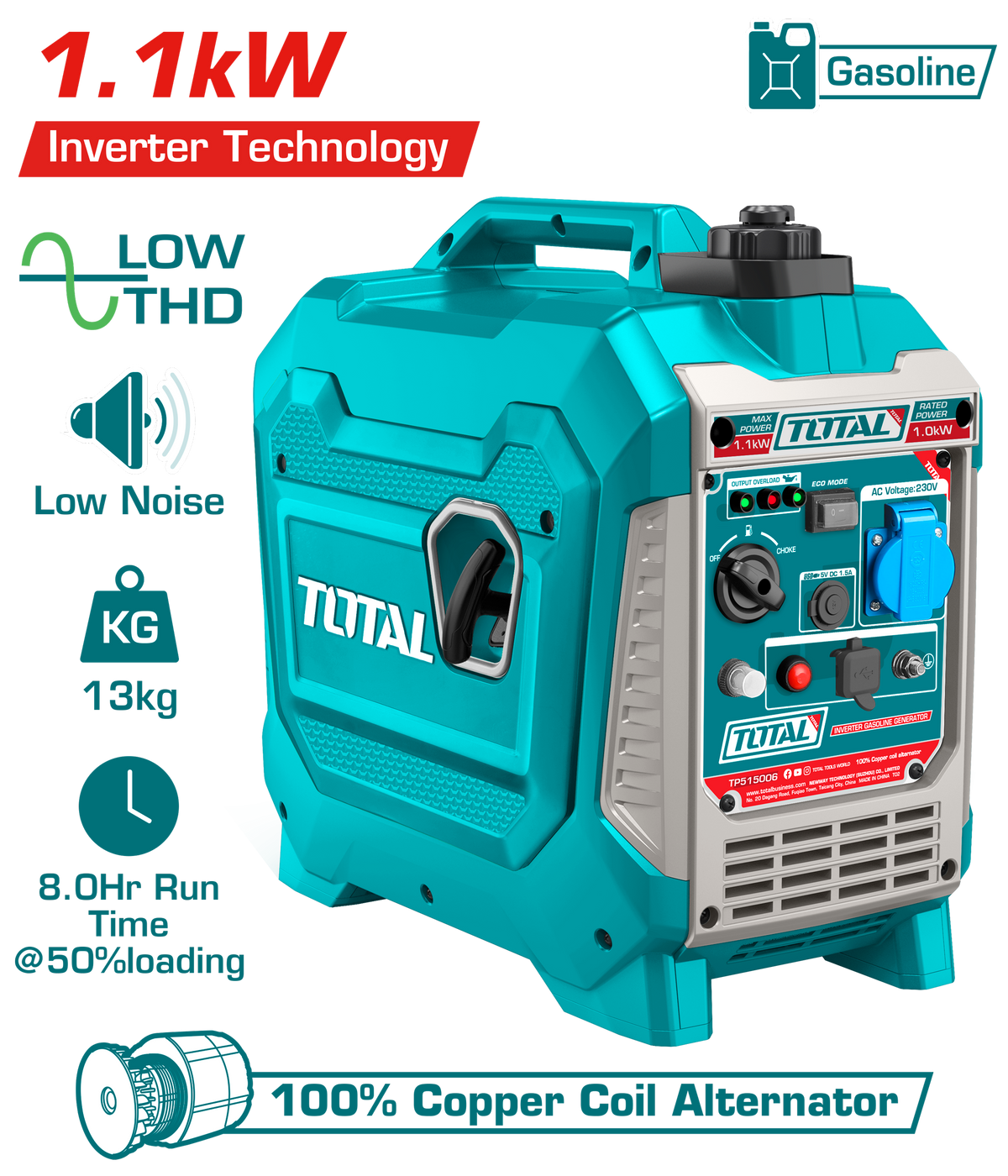 TOTAL Inverter Gasoline Generator 1.1kW (TP515006) — جعفر شوب