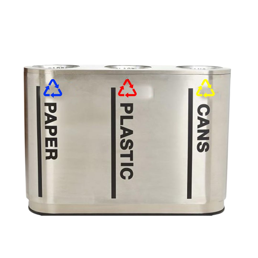 3-Compartment 60L Each Stainless Steel Recycling Bin for Paper, Plasti